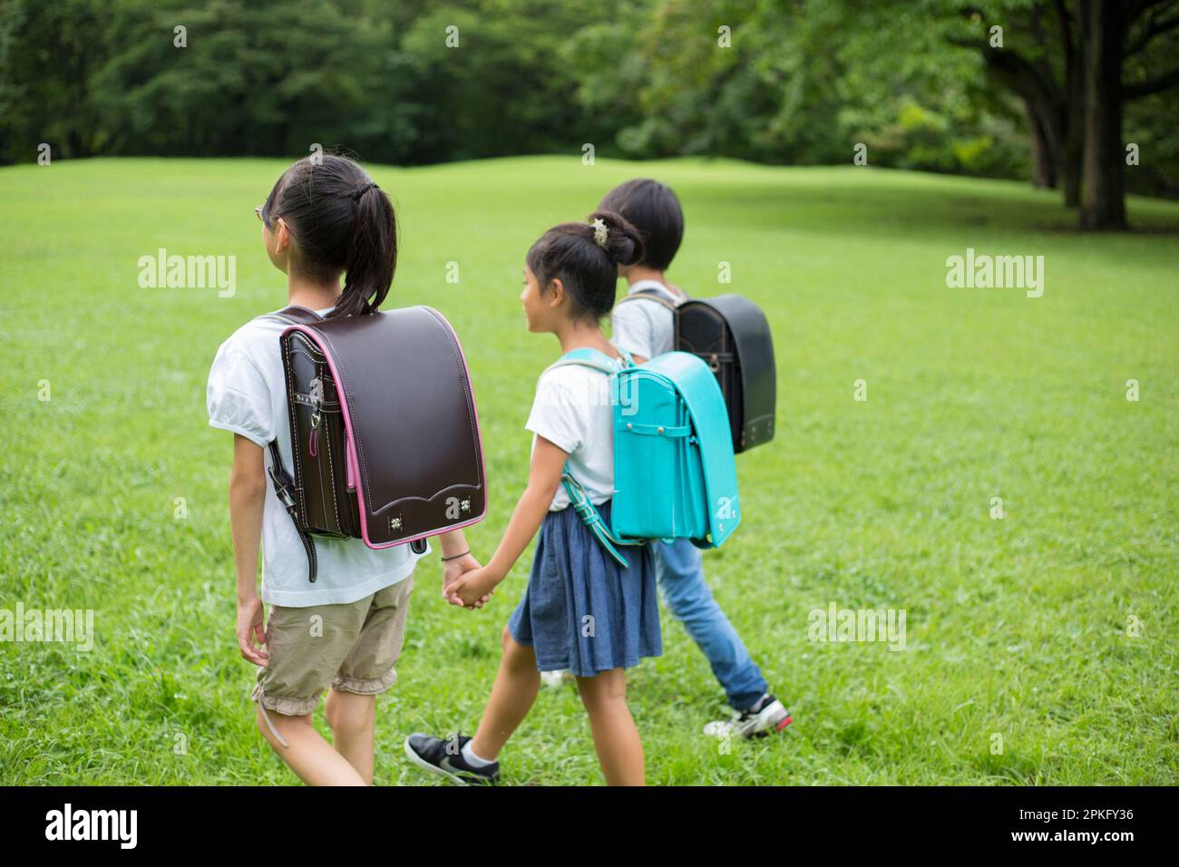 Elementary school children with school backpacks walking hand in hand in a meadow Stock Photo ...