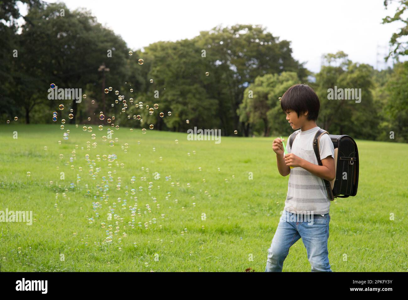 An elementary school boy playing with soap bubbles in a meadow Stock ...