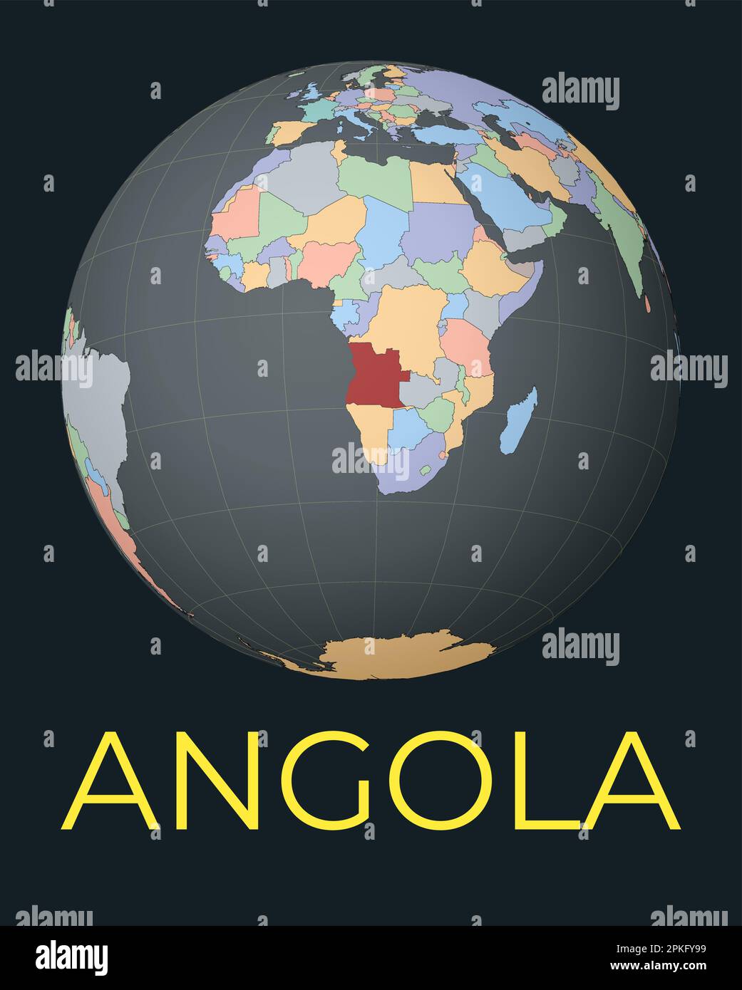 World map centered to Angola. Red country highlighted. Satellite world ...
