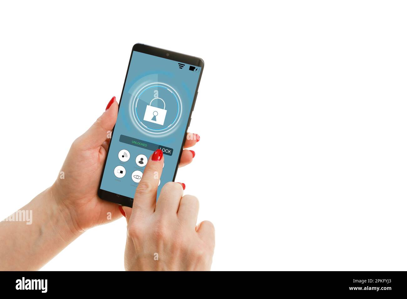 isolated woman hand holding the phone with system smart house Stock ...