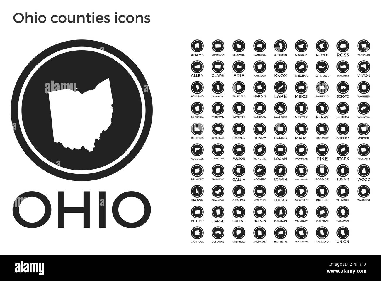 Ohio counties icons. Black round logos with US state counties maps and ...