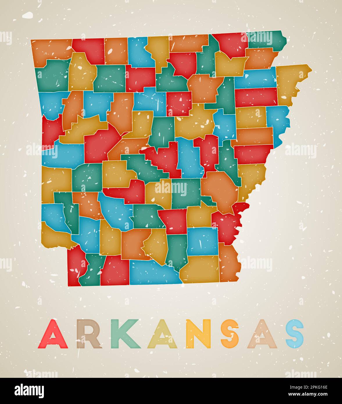 Arkansas map. US state poster with colored regions. Old grunge texture ...