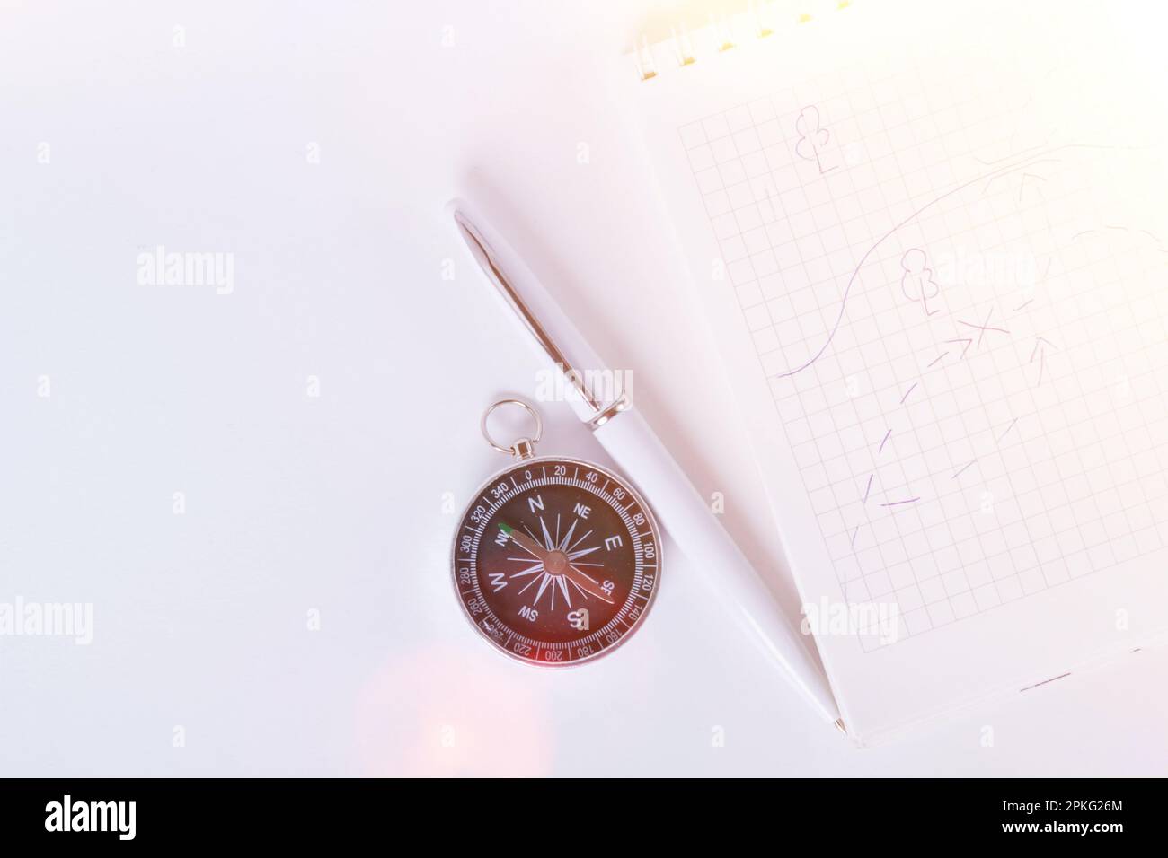 Traveler's notes. A clean notebook with a pen for writing a compass and ...