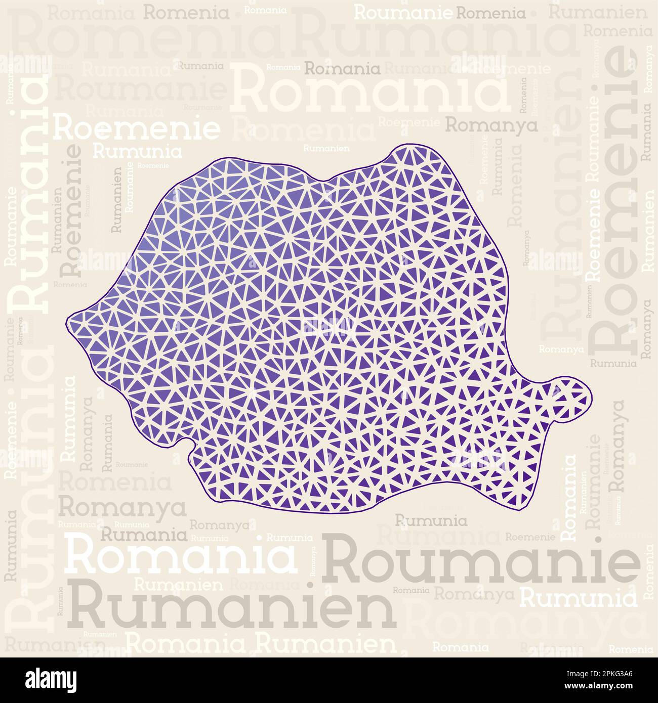 ROMANIA map design. Country names in different languages and map shape ...
