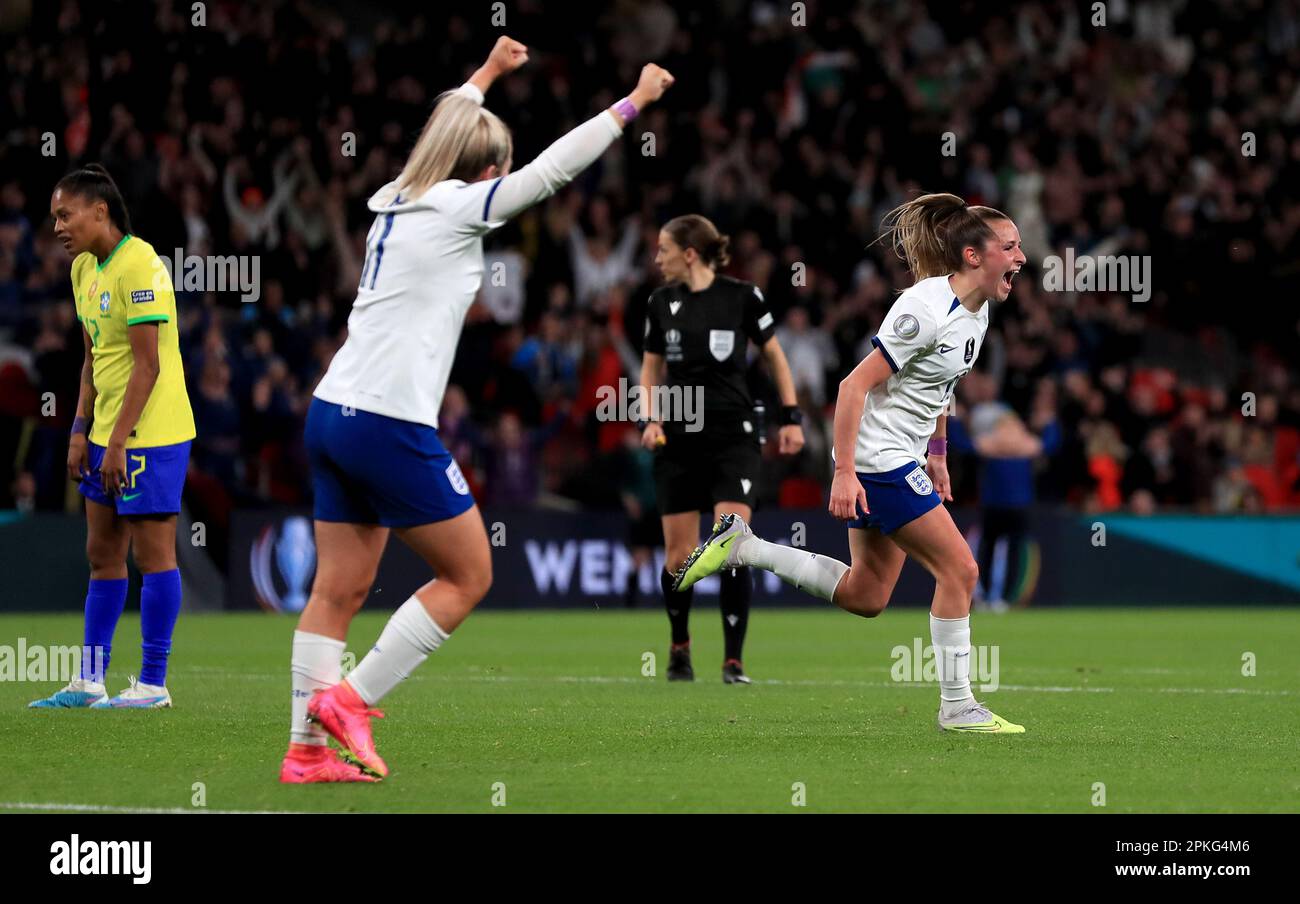 England’s Ella Toone celebrates scoring the opening goal during the ...