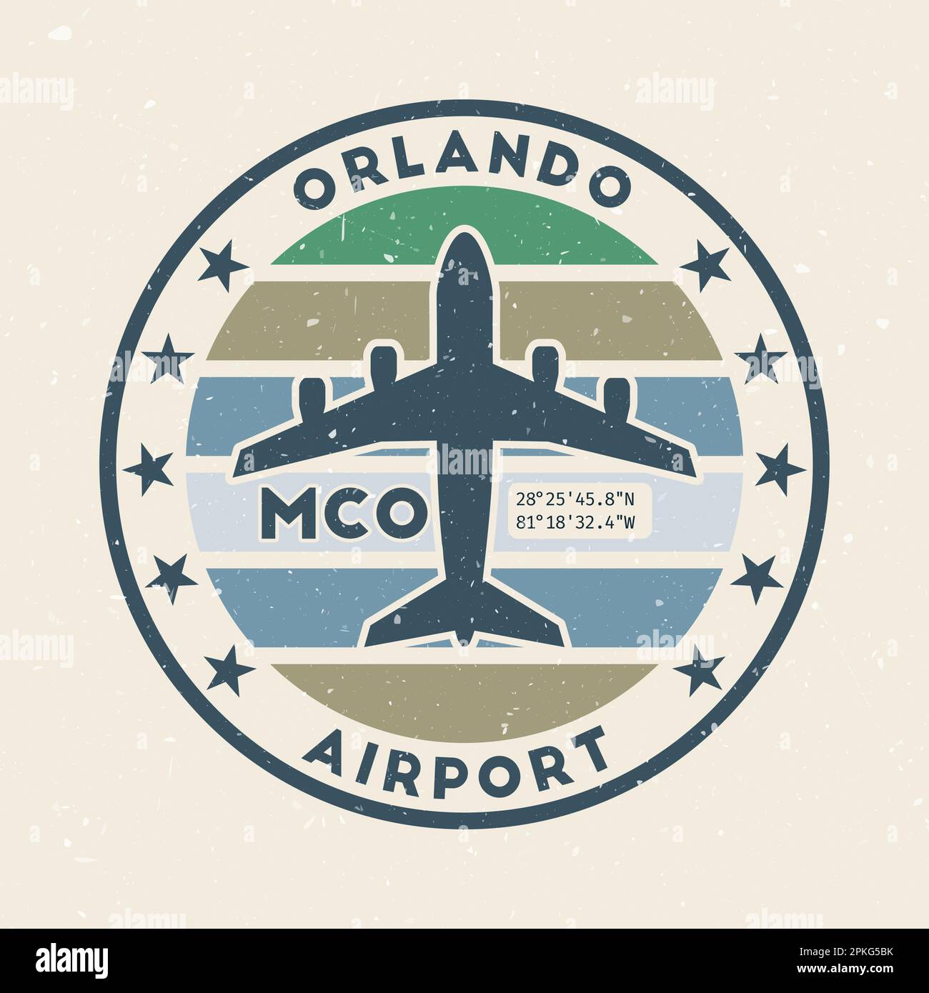 Orlando airport insignia. Round badge with vintage stripes, airplane ...