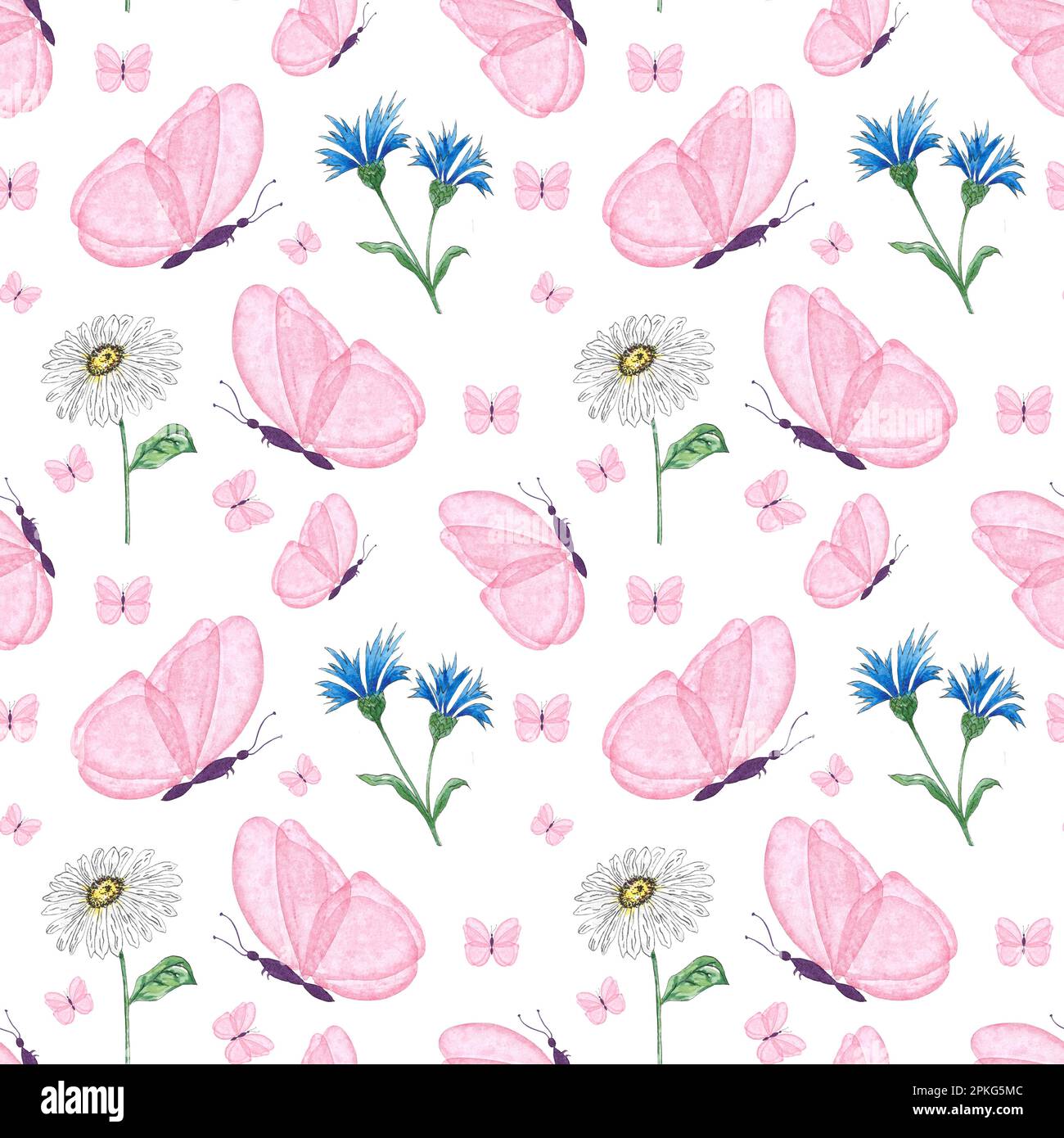 Watercolor seamless pattern wildflowers, pink butterfly on white ...