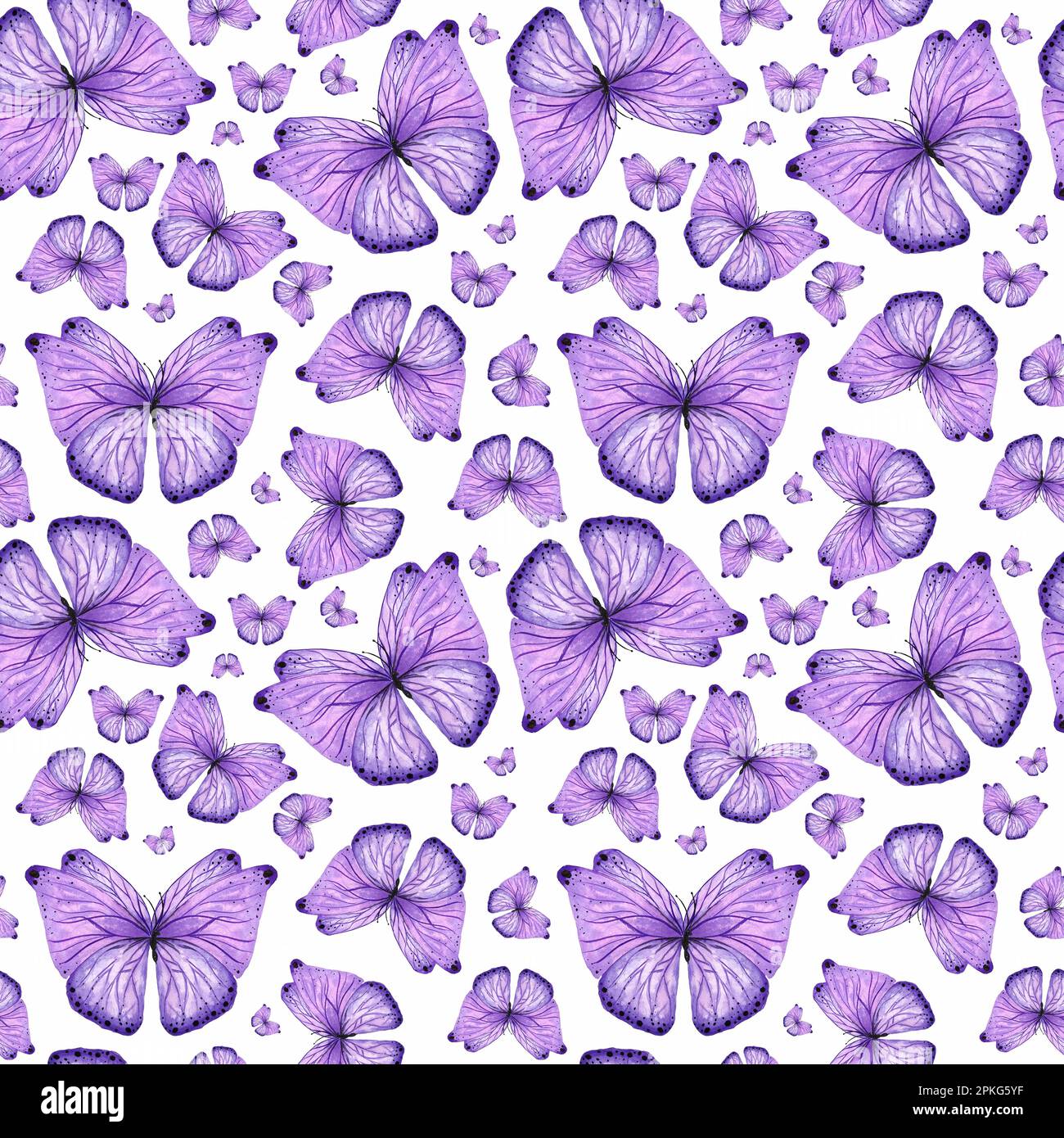 Watercolor seamless pattern purple butterfly on black background, hand ...