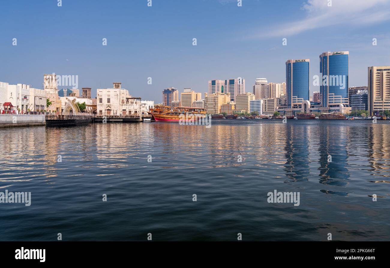 Dubai, UAE - 31 March 2023: View along the Creek towards Deira with ...
