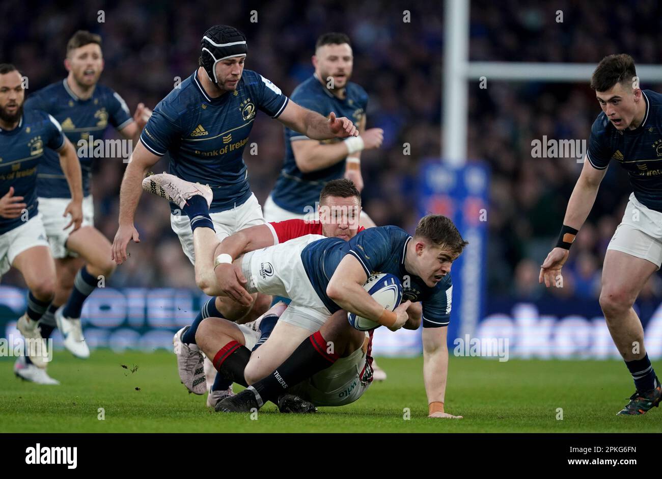 Leinster’s Gary Ringrose is tackled by Leicester Tigers’ Hanro ...