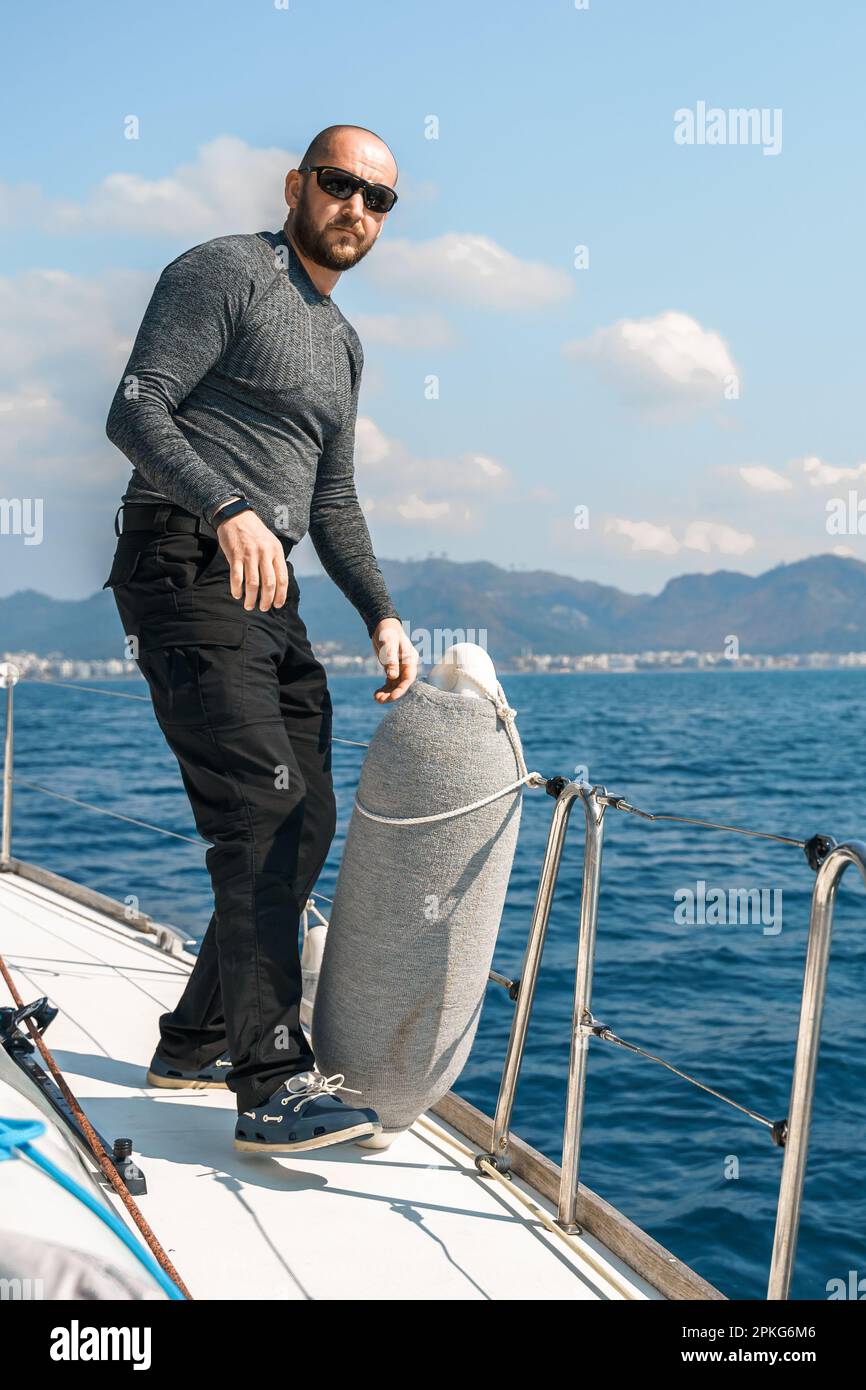 Voyage race sail on professional sport sea yacht. Mooring fender ...