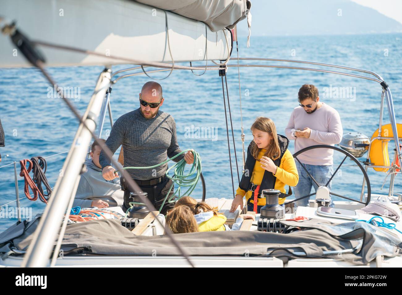 Voyage sail on sport sea luxury yacht. Yachting family summer vacation ...