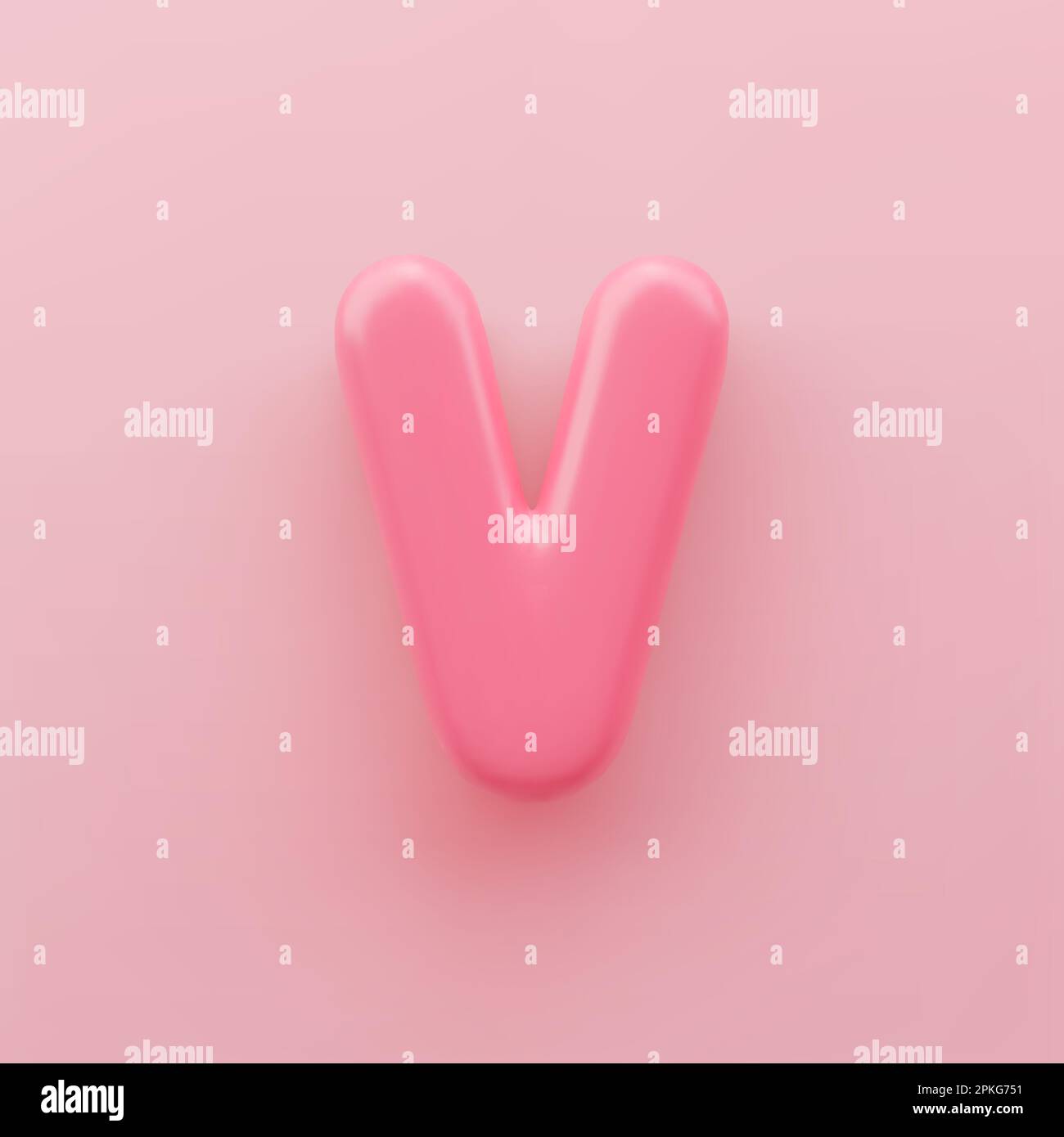 3D Pink uppercase letter V with a glossy surface on a pink background ...