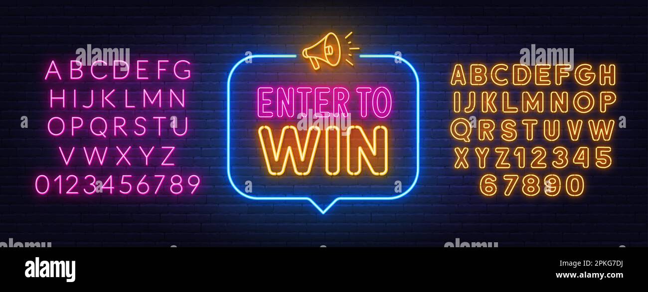 Enter To WIn neon sign in the speech bubble on brick wall background ...