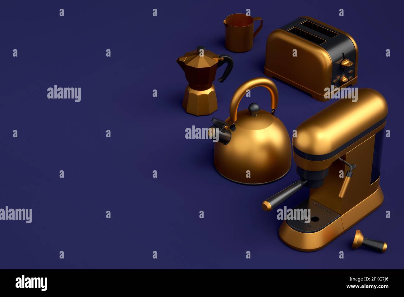 Kettle, toaster, coffee machine horn and geyser coffee maker on blue ...