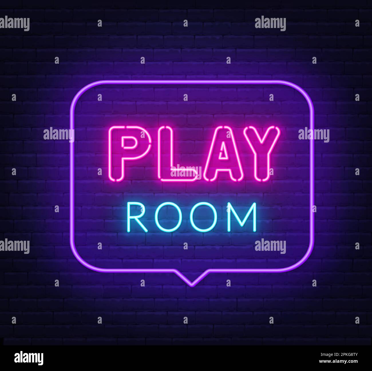 Play Room neon sign in the speech bubble on brick wall background Stock ...