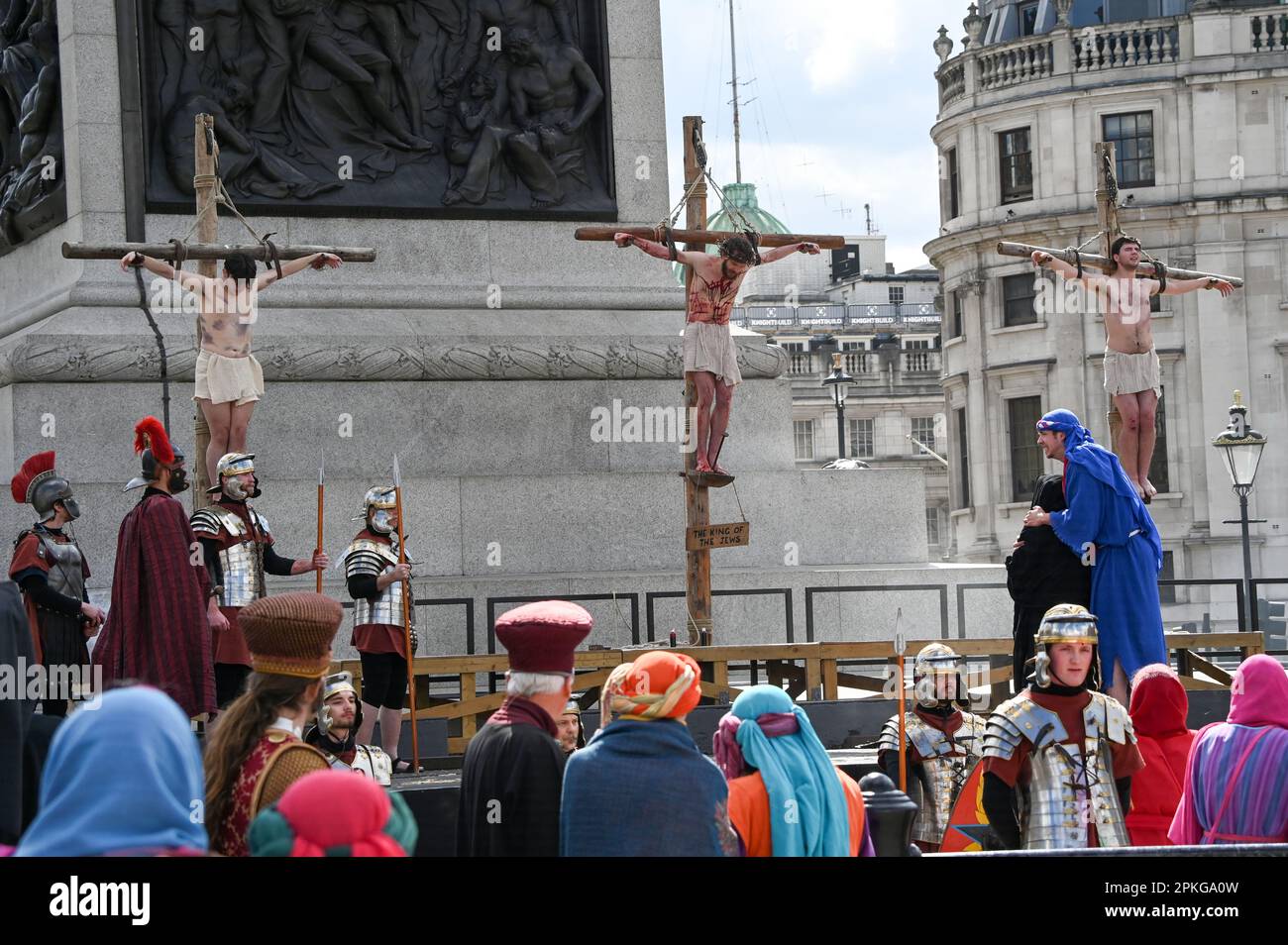 London, UK. 7th Apr, 2023. Good Friday, Reenactment Crucifixion of Jesus in Trafalgar Square ...