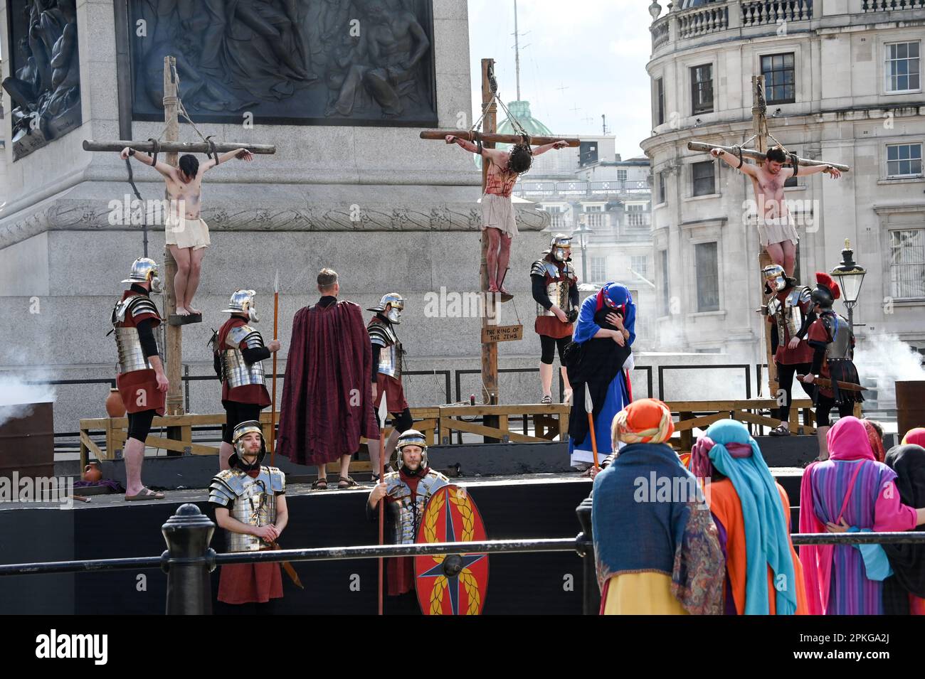 London, UK. 7th Apr, 2023. Good Friday, Reenactment Crucifixion of Jesus in Trafalgar Square ...