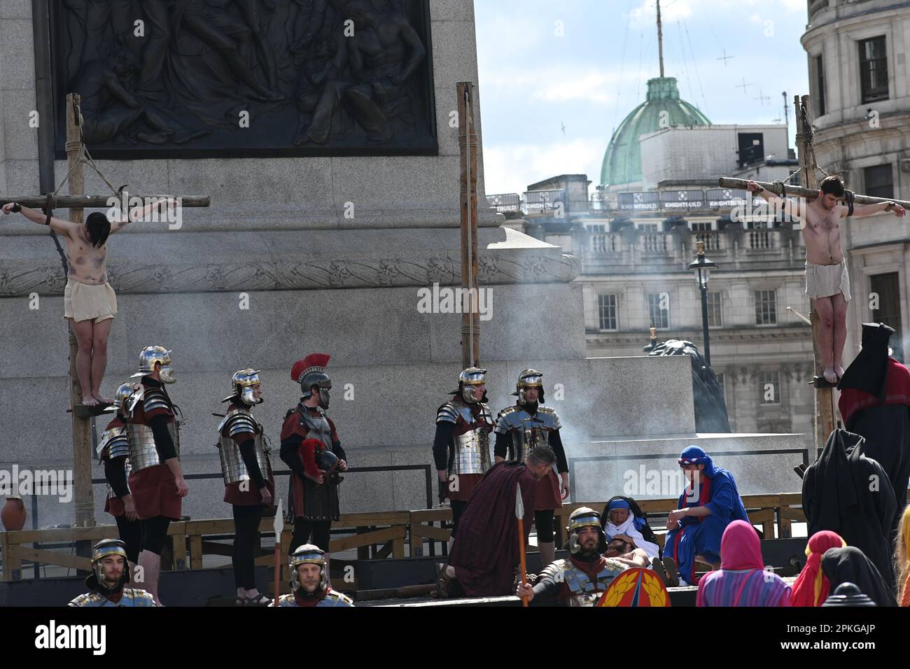 London, UK. 7th Apr, 2023. Good Friday, Reenactment Crucifixion of Jesus in Trafalgar Square ...