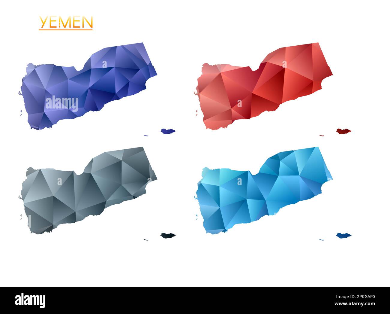 Set of vector polygonal maps of Yemen. Bright gradient map of country in low poly style ...