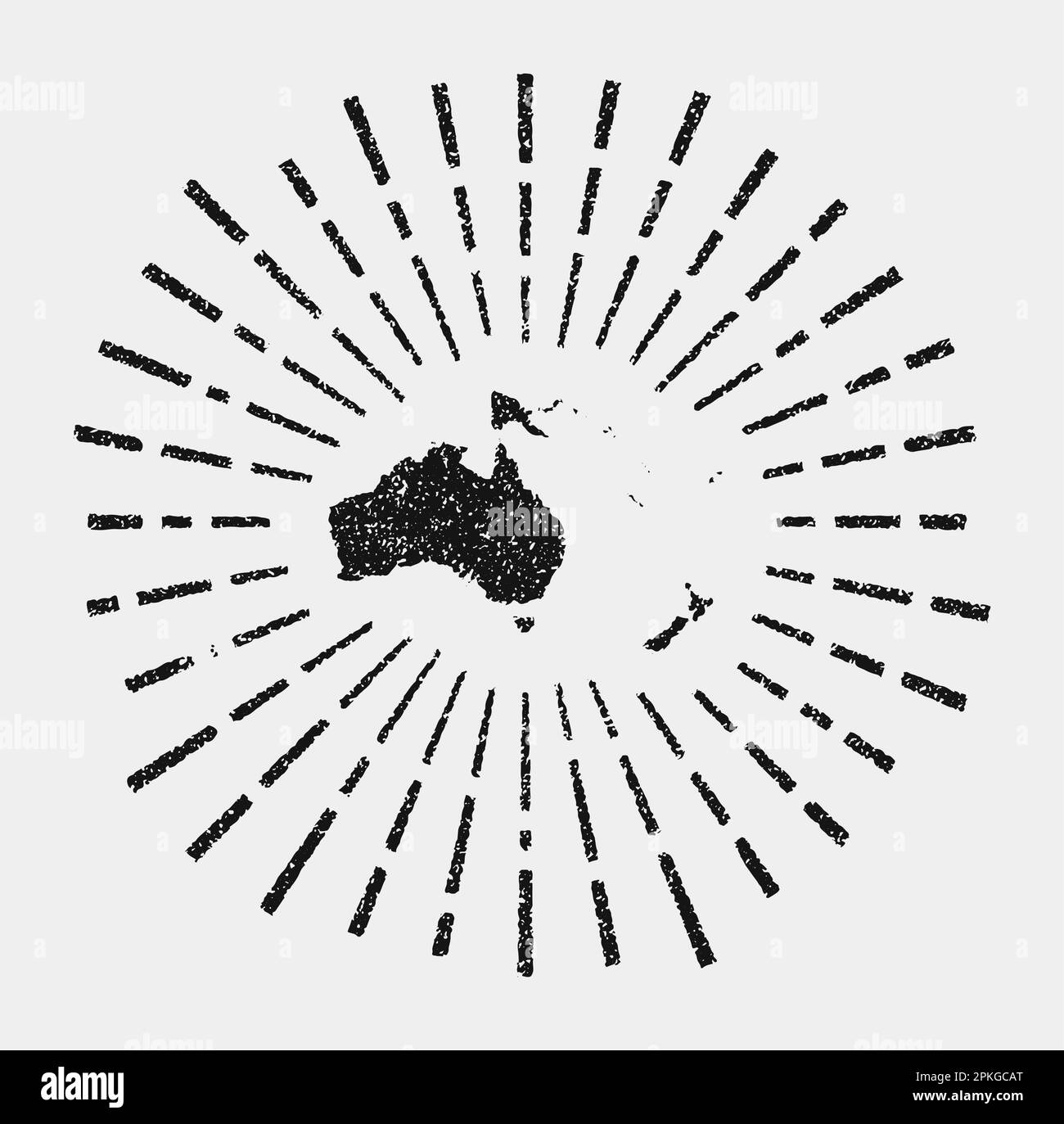 Vintage map of Oceania. Grunge sunburst around the continent. Black Oceania shape with sun rays ...
