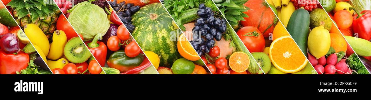 Panoramic collection fresh fruits and vegetables background. Collage ...