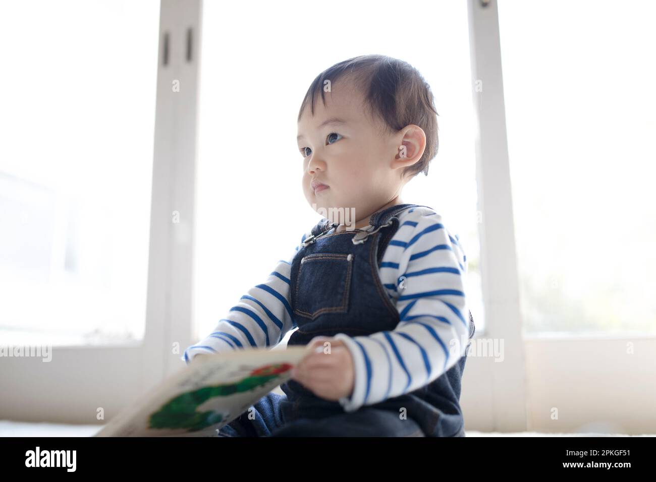 Baby looking at a picture book in the living room Stock Photo - Alamy
