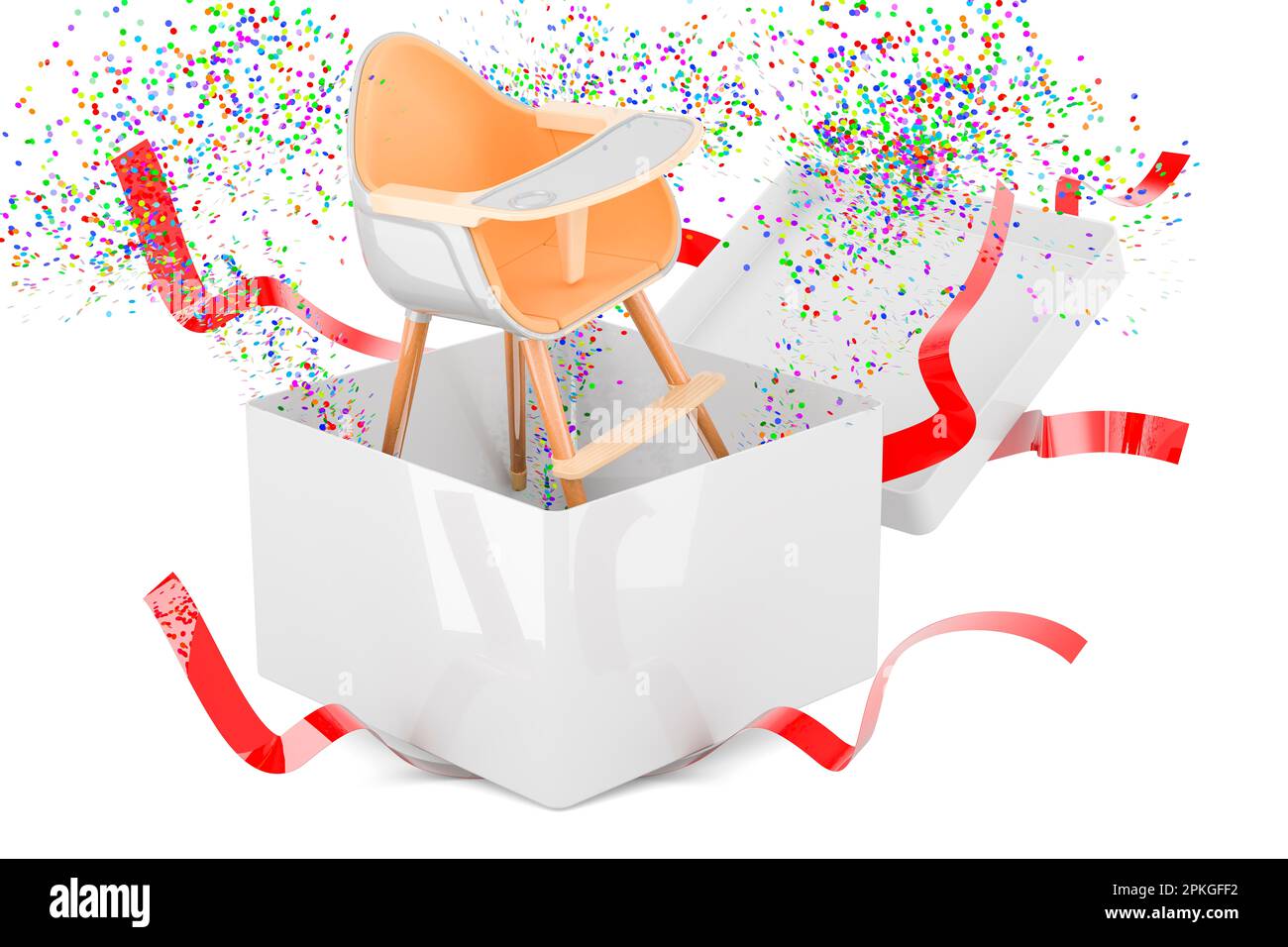 Baby high chair inside gift box, 3D rendering isolated on white ...