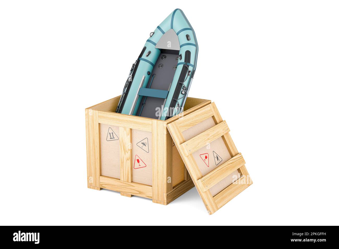 Inflatable boat inside wooden box, delivery concept. 3D rendering ...