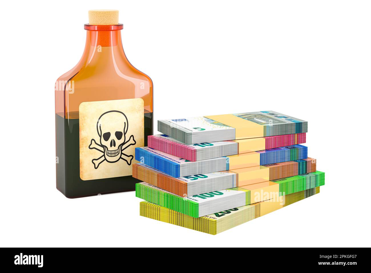 Poison bottle with euro packs, 3D rendering isolated on white ...