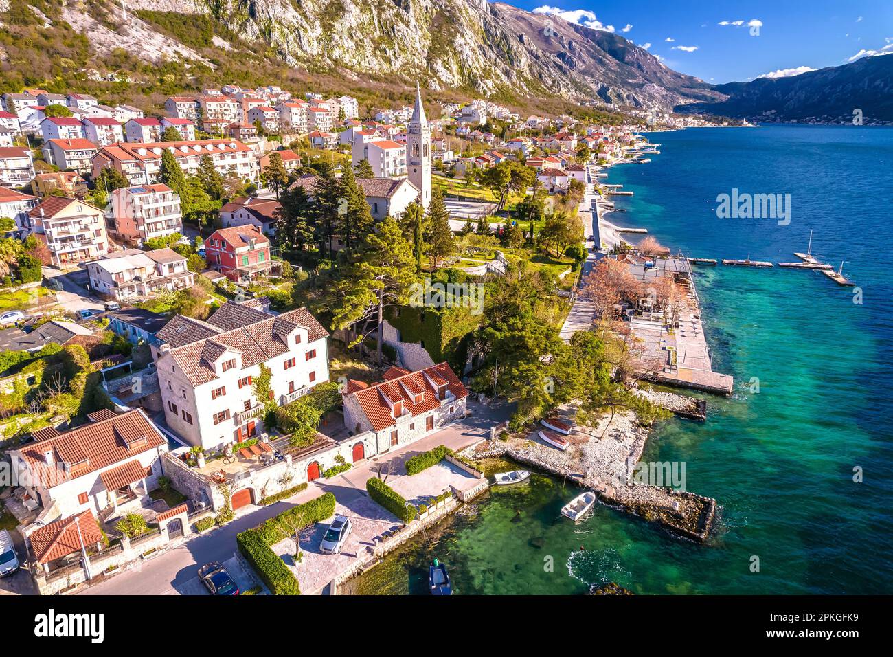 Scenic Boka Kotorska bay village of Dobrota aerial view, archipelago of ...