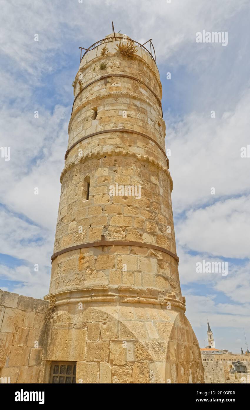 Ottoman minaret in the Tower of David courtyard in Jerusalem Stock ...
