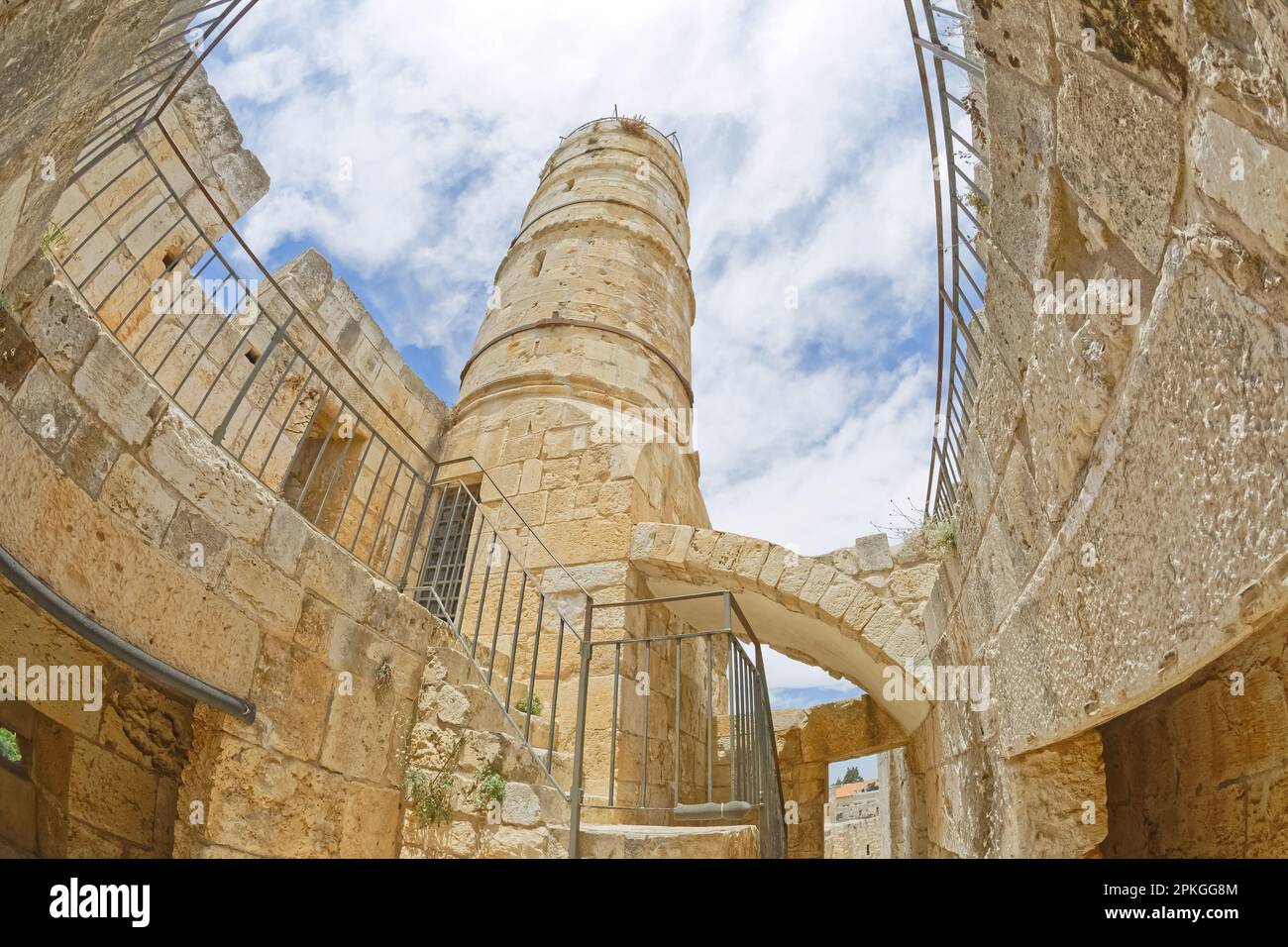 Fisheye shot of the Ottoman minaret in the Tower of David in Jerusalem ...