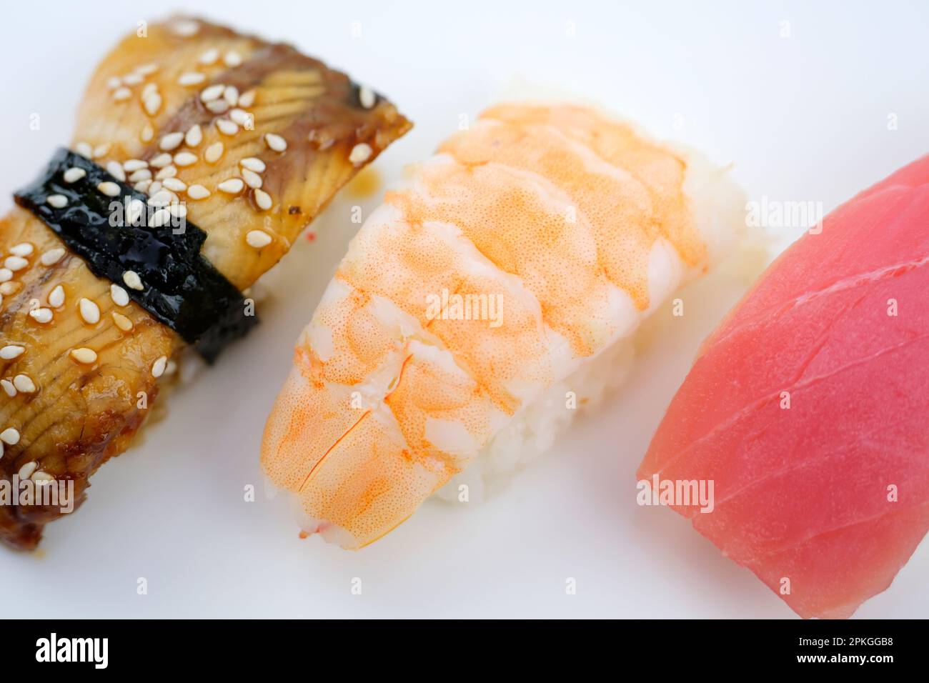 Overhead japanese sushi food. Maki ands rolls with tuna, salmon, shrimp ...