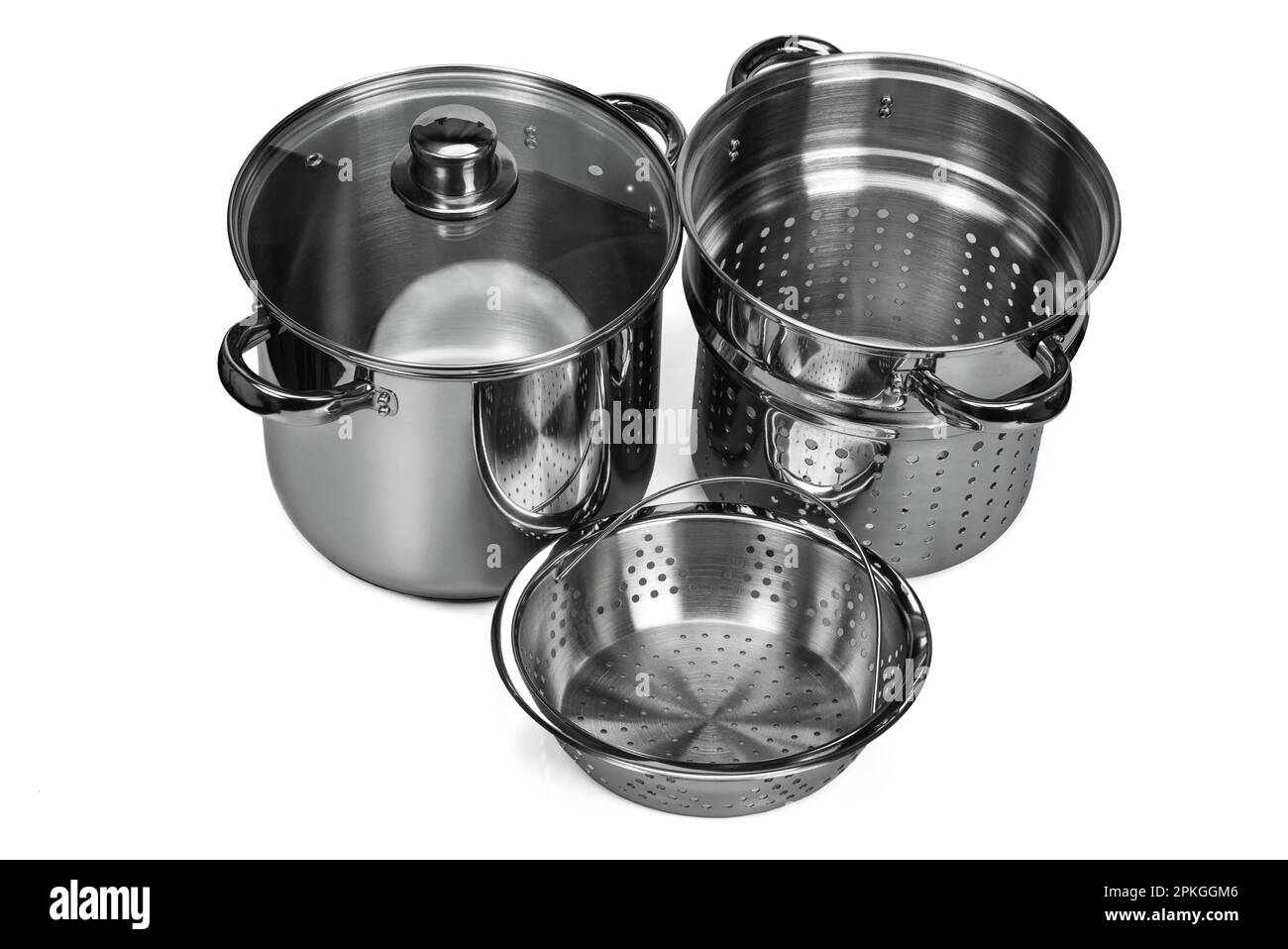 Close up view of stainless steel pasta cooker steamer isolation on ...