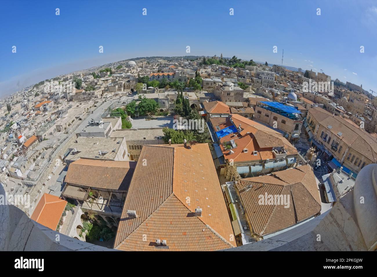 Fisheye lens shot of the panoramic view of the old city of Jerusalem ...