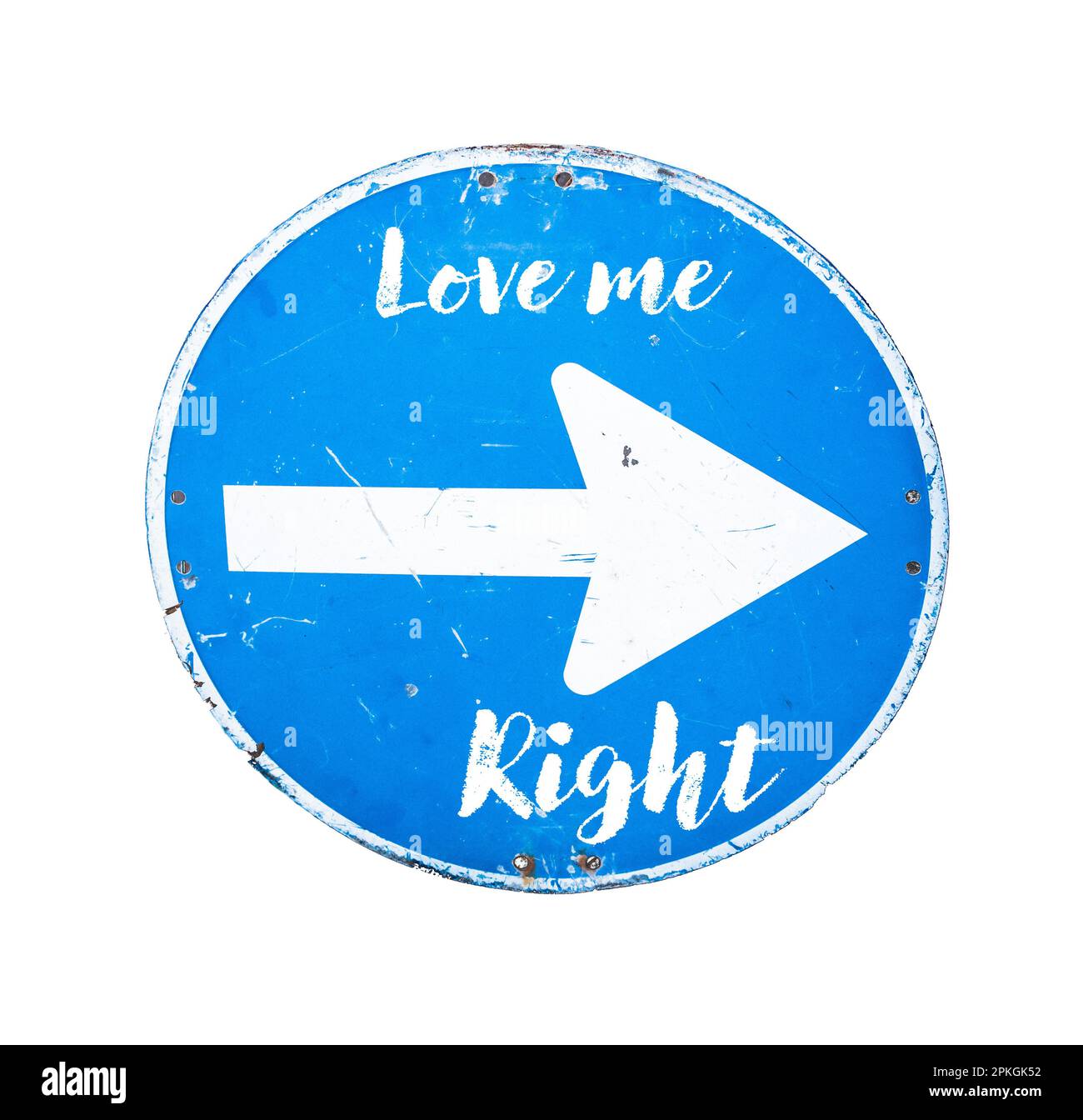 Bright blue round traffic sign with a white directional arrow pointing ...