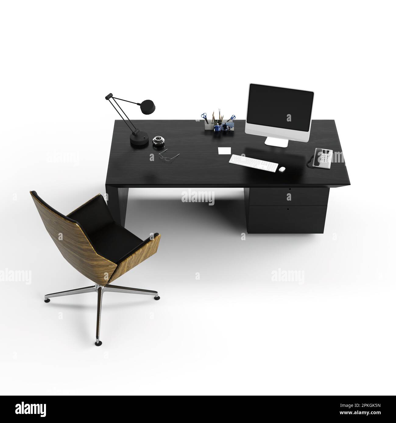 A modern office chair and an attached desk with a computer monitor, ideal for a productive ...