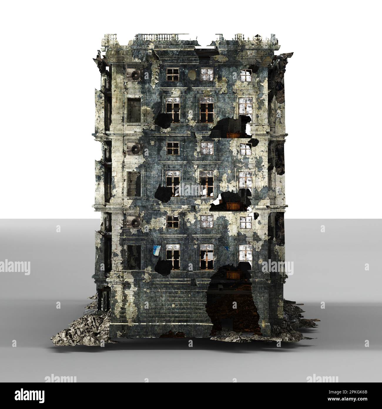 A destroyed high-rise building with large windows on its exterior and ...