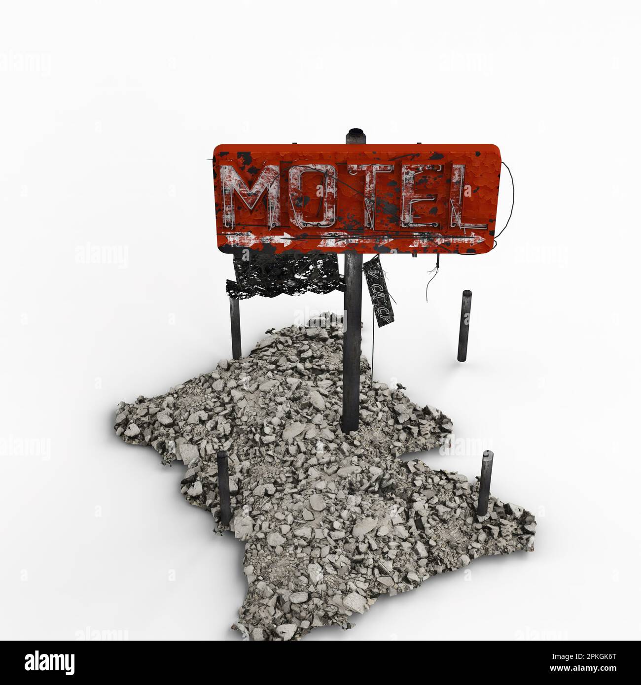 An old and weathered motel sign on a pile of rubble, on a pristine ...
