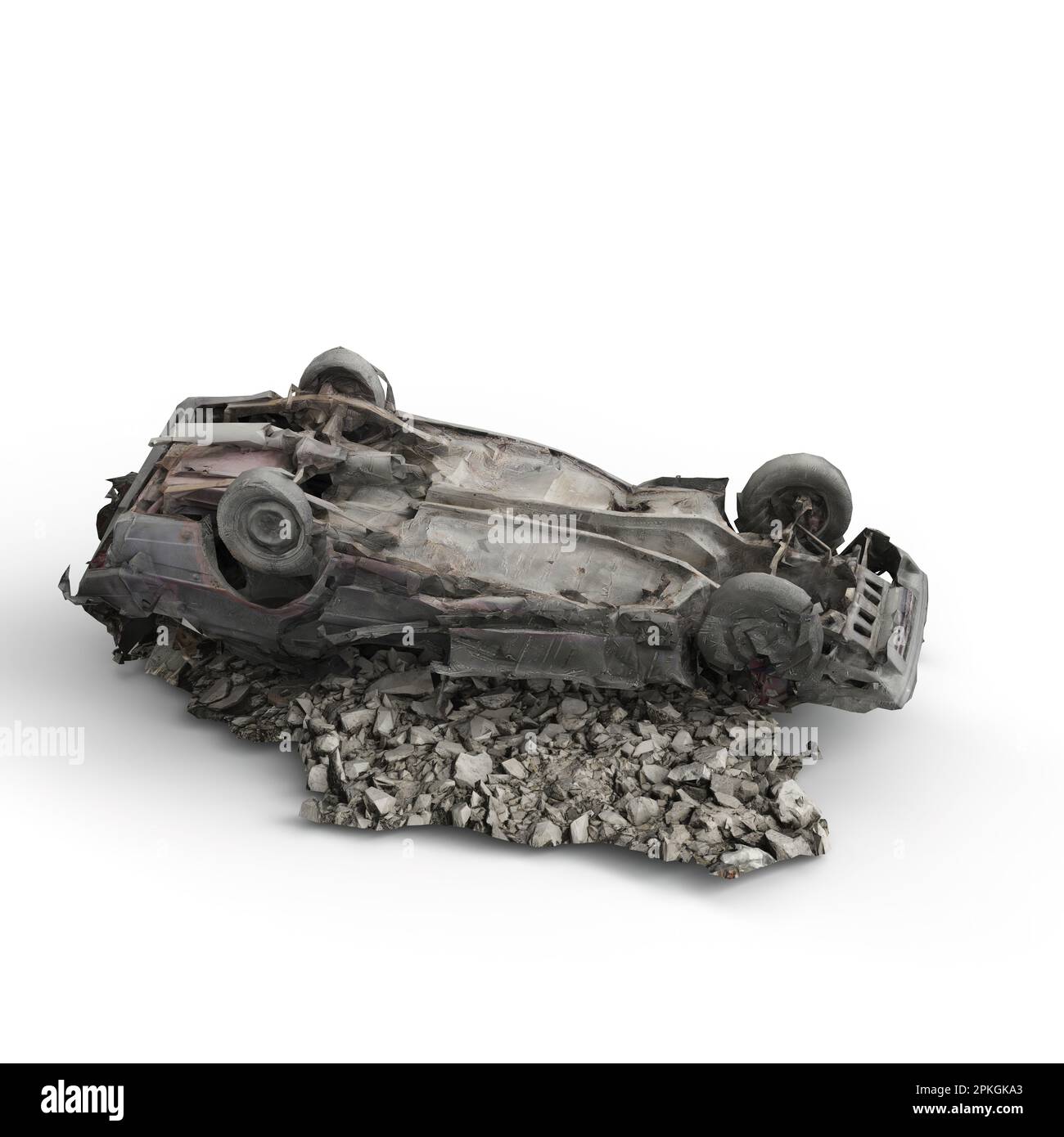 A car junk that has been flipped upside down on the ground against a ...