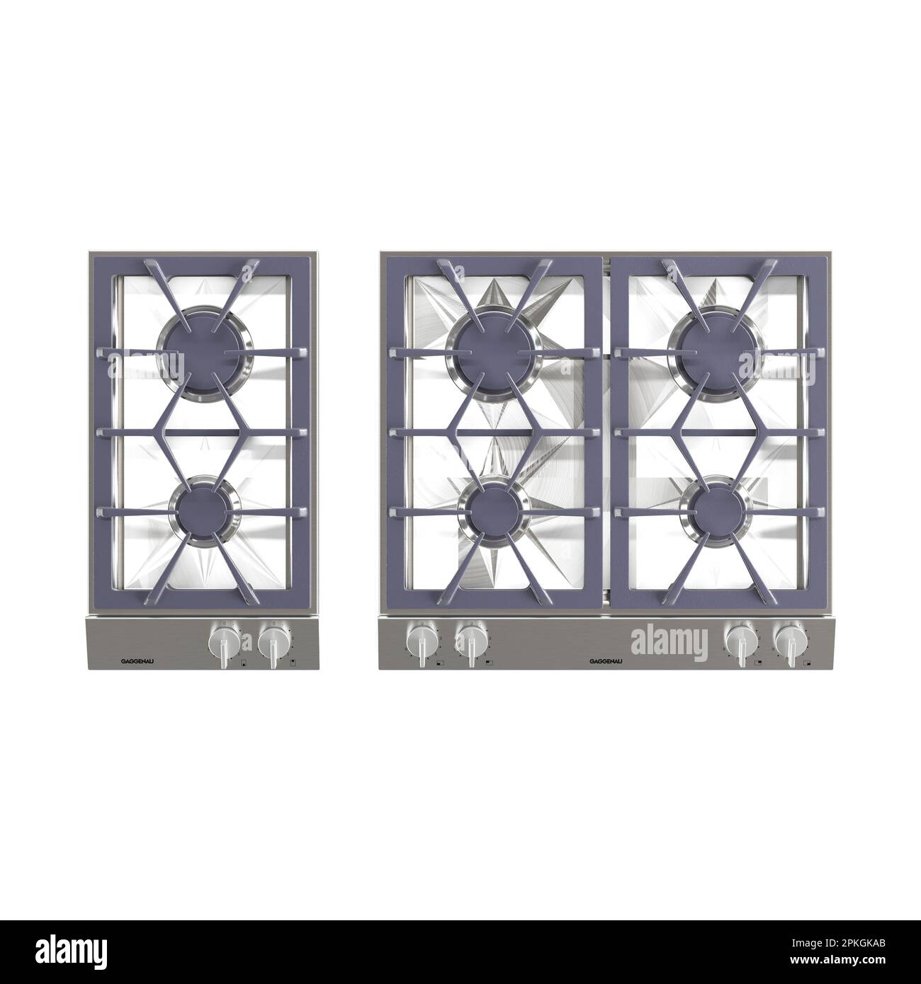 Three gas ranges of varying models and sizes on a white countertop ...