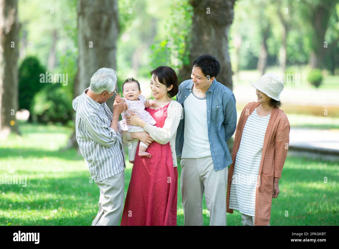 A family of three generations chatting at a row of poplar trees Stock ...