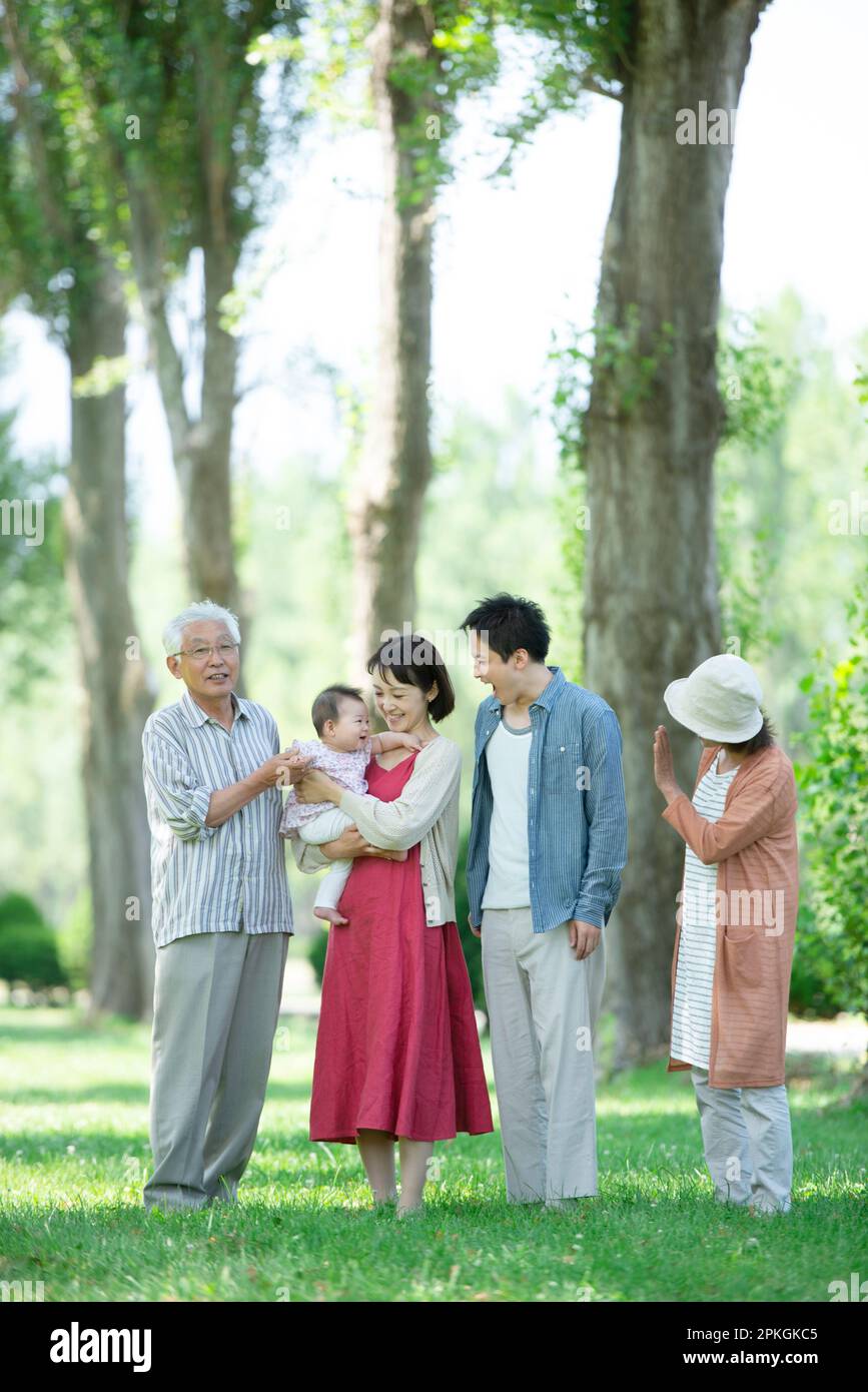 A family of three generations chatting at a row of poplar trees Stock ...
