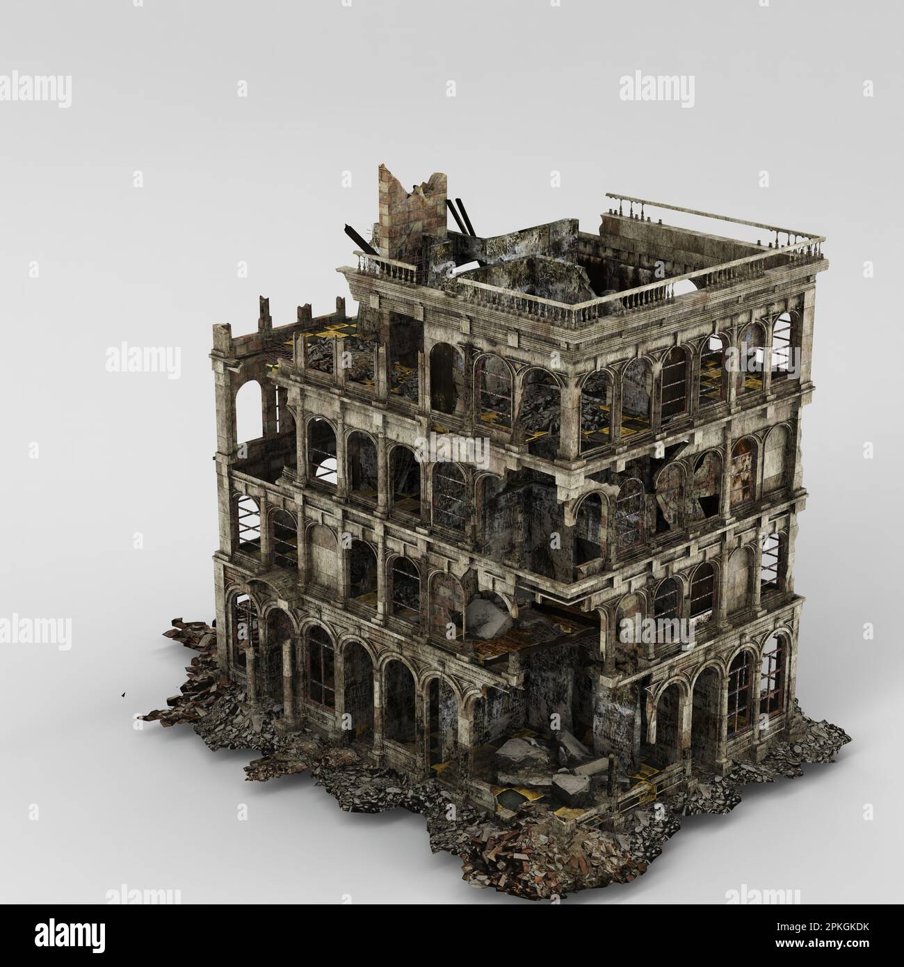 A partially dilapidated building on a white background, 3D rendered ...