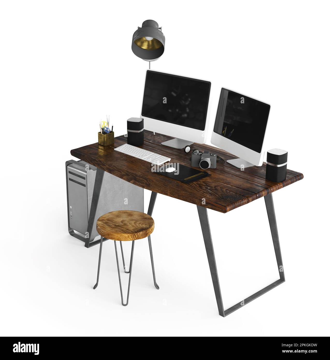 An organized workspace with computer monitors on a desk against a white ...