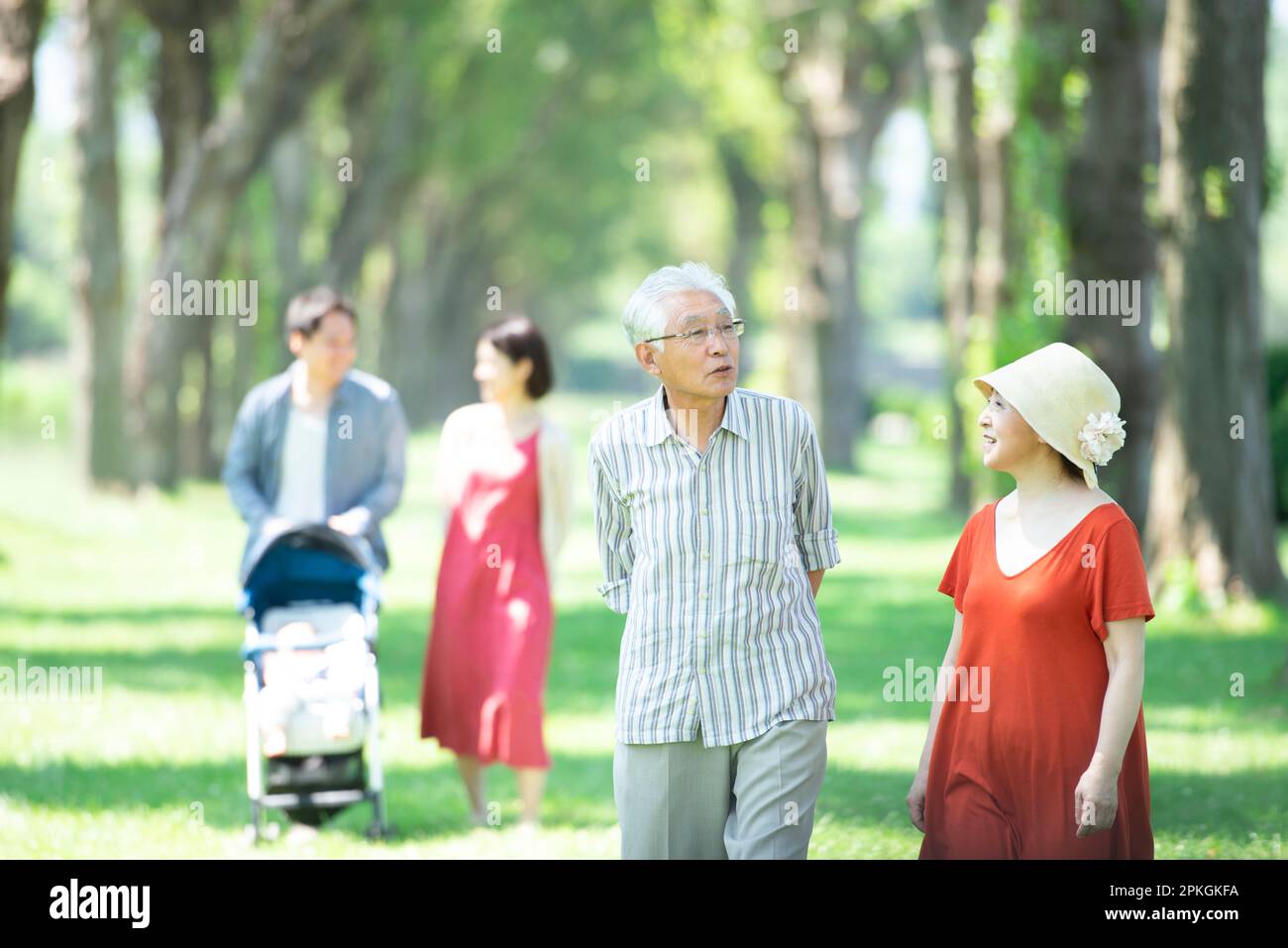 Family of 3 generations walking along poplar trees Stock Photo - Alamy