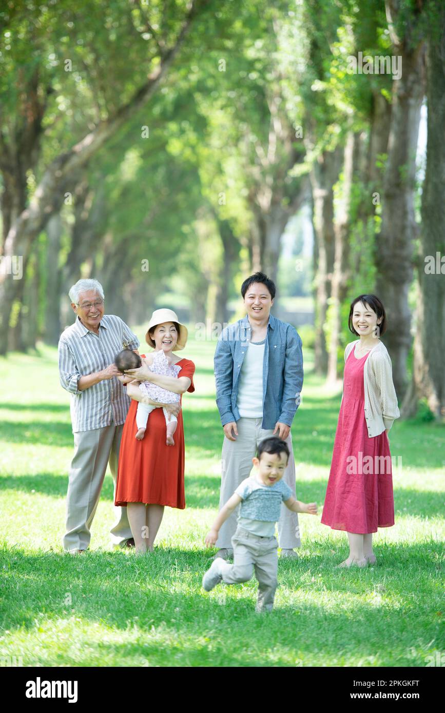 A family of three generations smiles at a row of poplar trees Stock ...