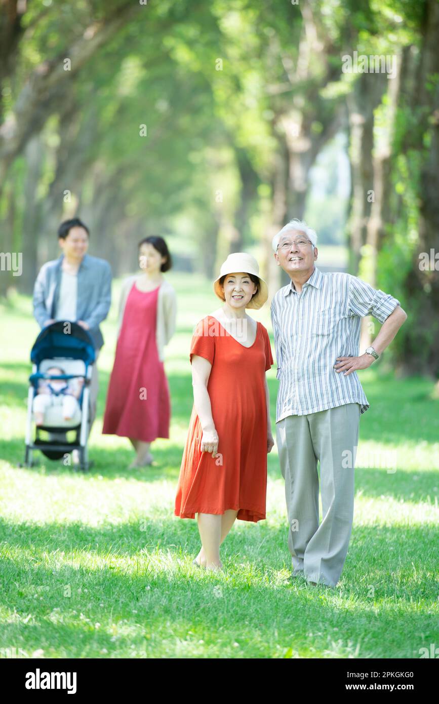 A family of three generations smiling at a row of poplar trees Stock ...