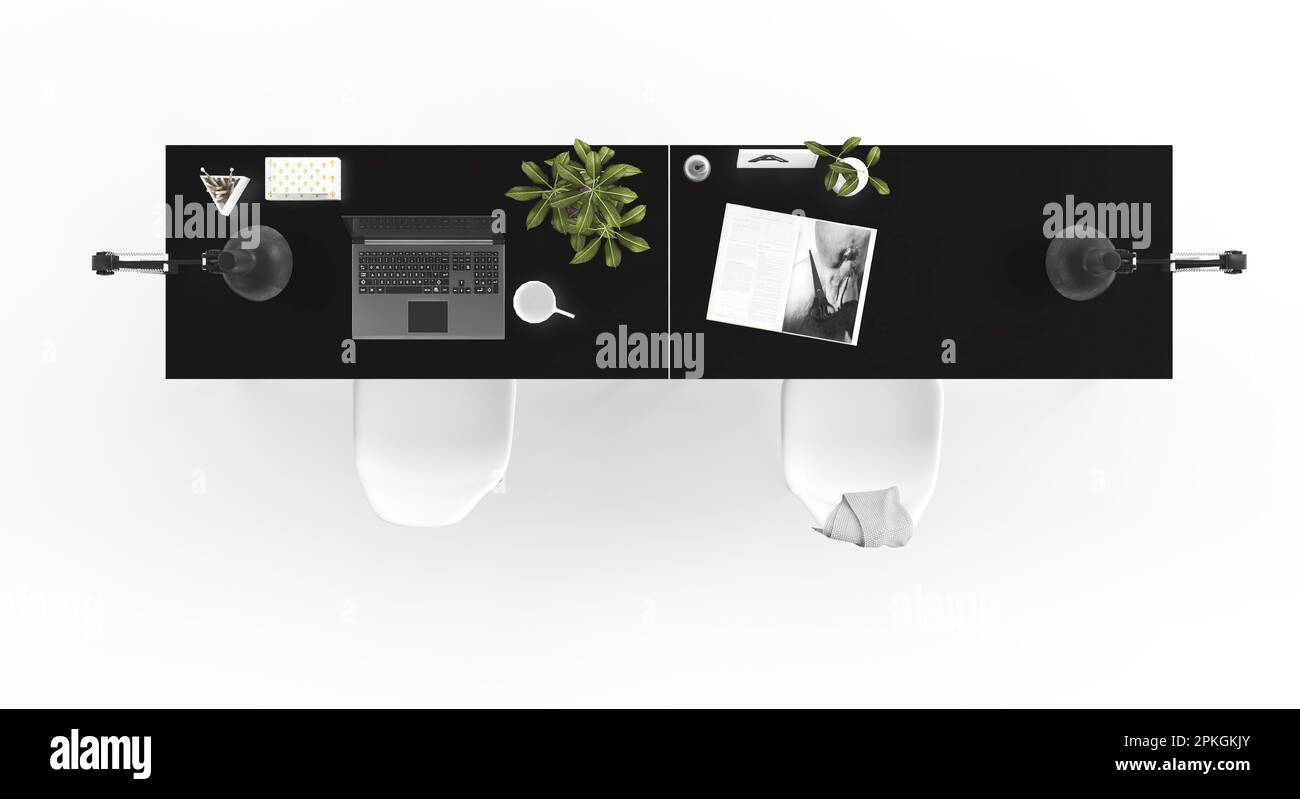 A white laptop and a white spiral-bound notepad side by side on a desk ...